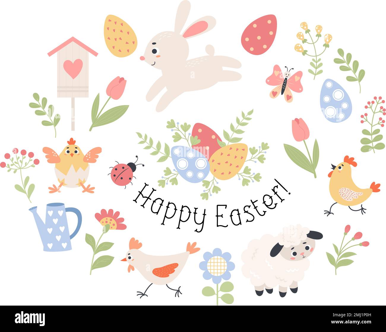 Spring Easter collection. Easter eggs, animals, insects and flowers ...