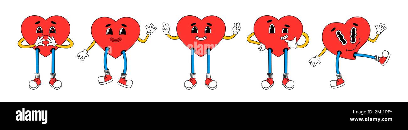 Funny cartoon hearts characters. Comic stickers, patches, and pins set ...