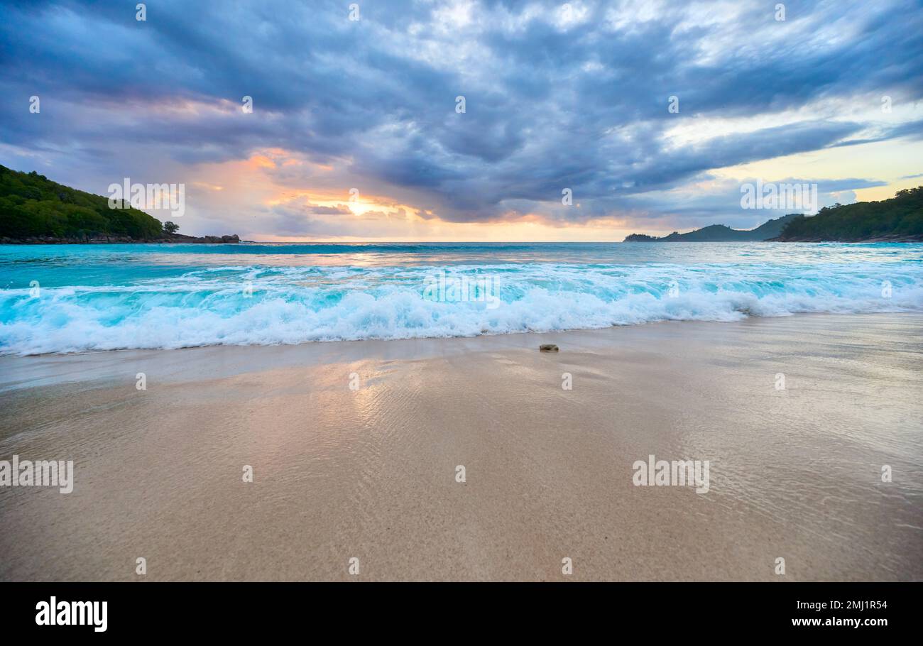 sunset at Anse Takamaka, Mahe, Seychelles Stock Photo - Alamy