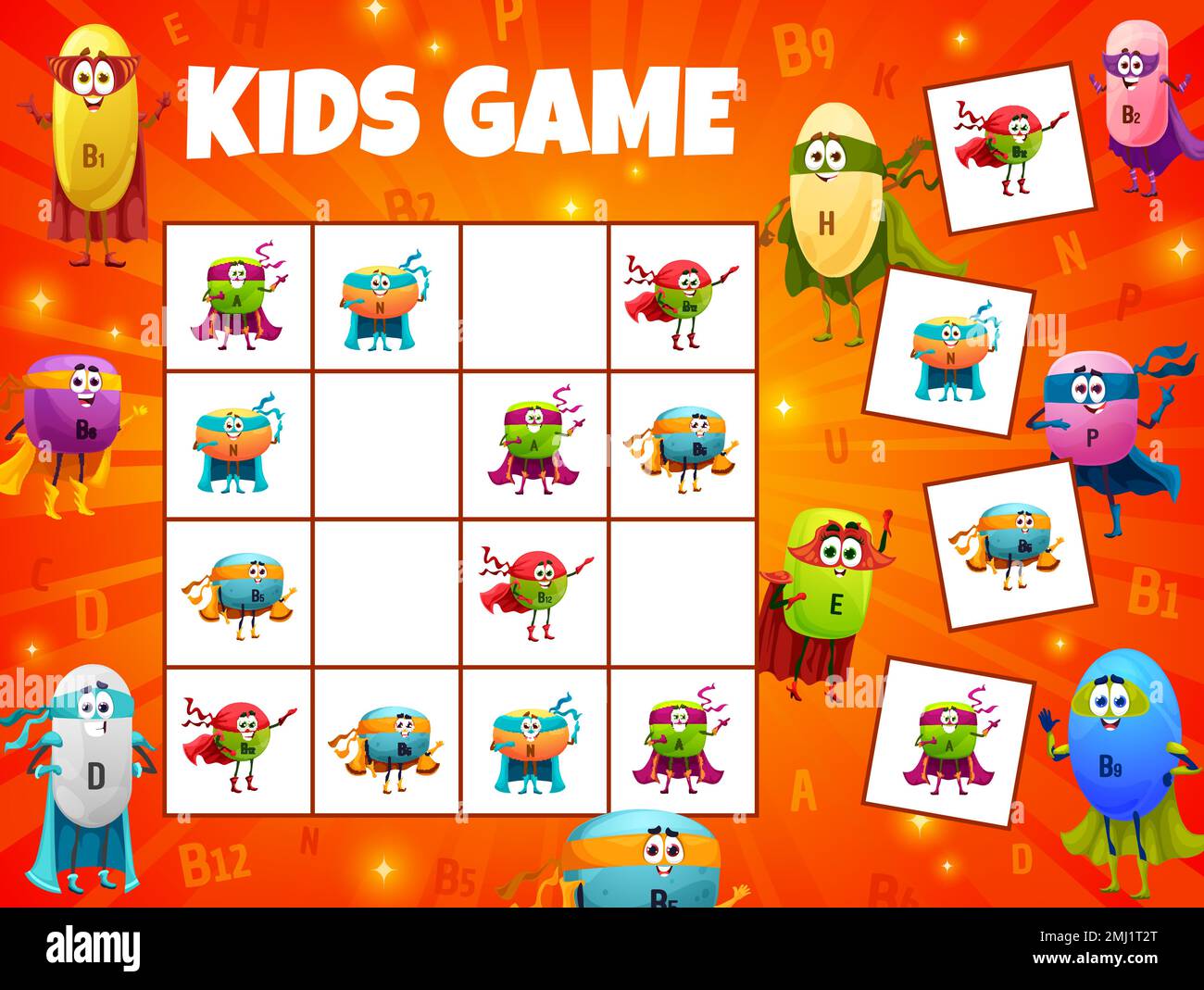 Sudoku kids game. Cartoon cheerful superhero vitamin characters ...