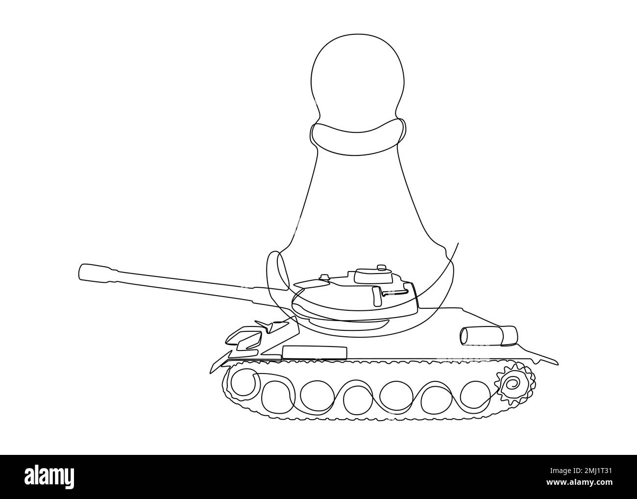 One Continuous Line Of Chess Pawn With Armored Tank Thin Line Illustration Vector Concept