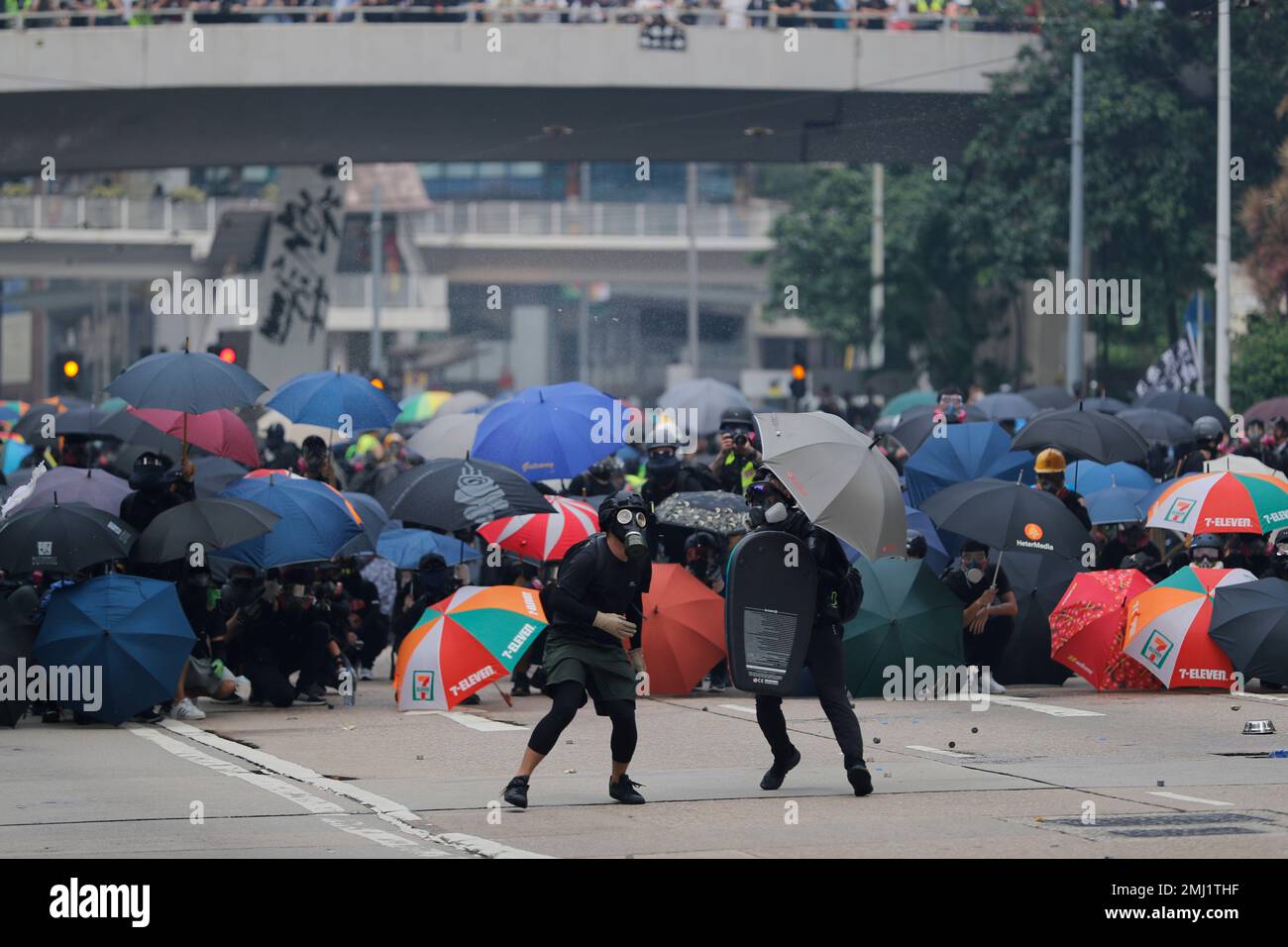 Protestors shield behind umbrellas as they prepare to face off with ...