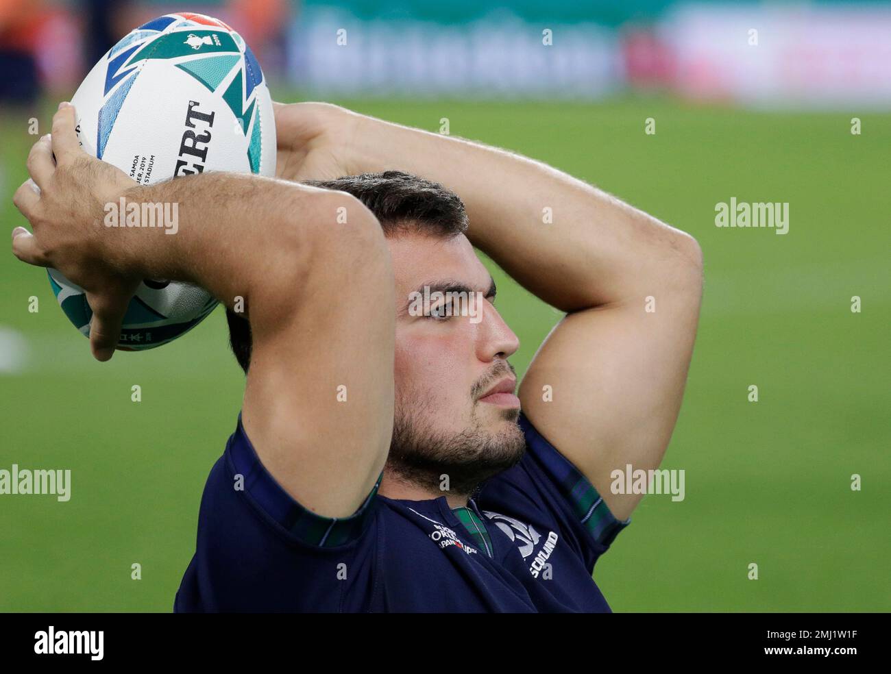 Scotland's rugby team captain Stuart McInally prepares to throw the ...