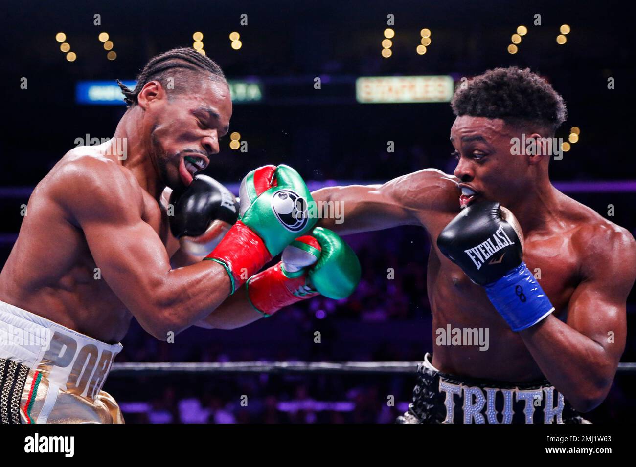 Errol Spence Jr. fights against Shawn Porter during the WBC & IBF World Welterweight ...