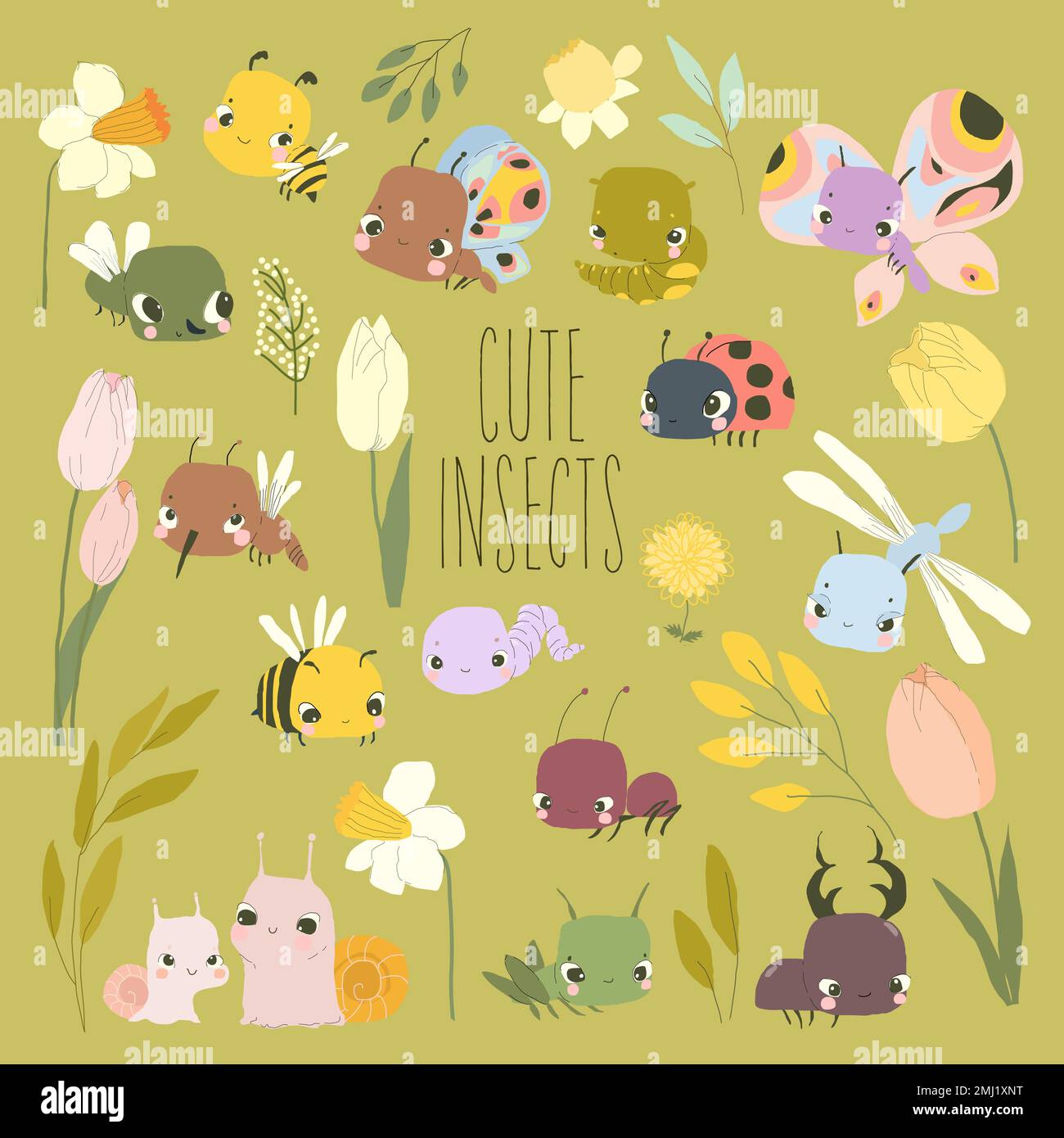 Cartoon Set with Cute Baby Insects, Flowers and Plants Stock Vector ...