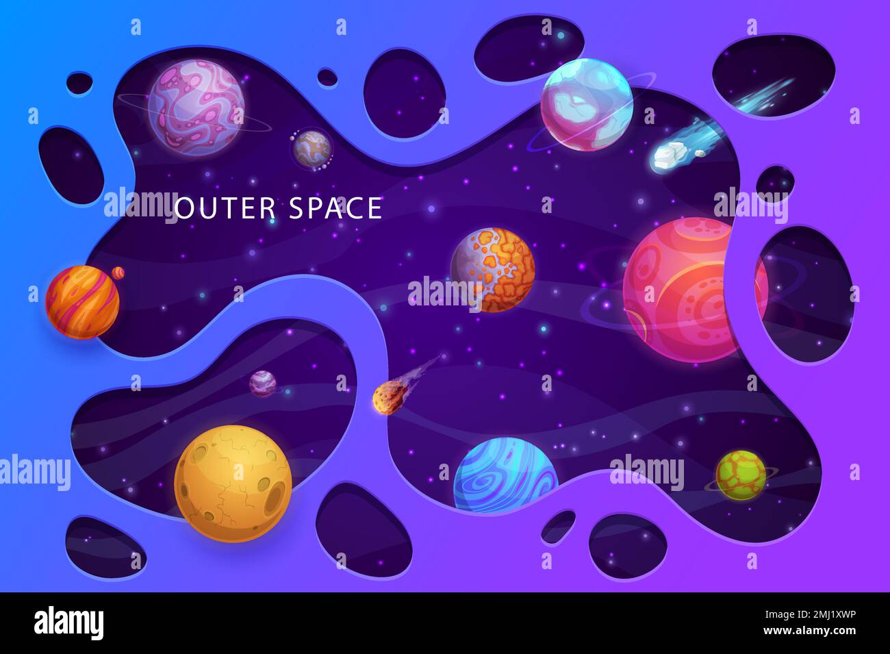 Papercut space landscape. Cartoon galaxy planets. Outer space ...