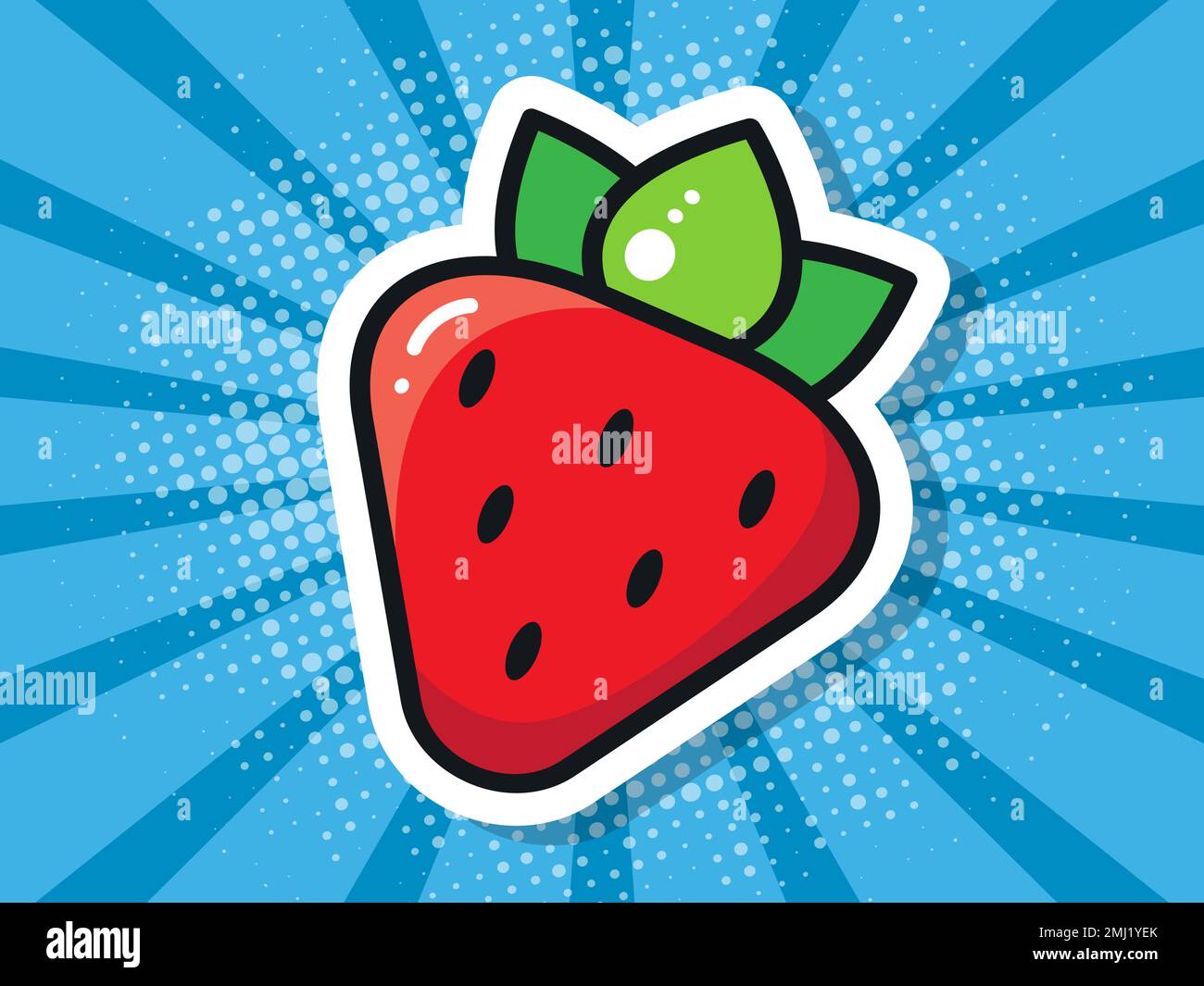 Sticker red strawberries on a blue background. Pop art poster. Vector ...