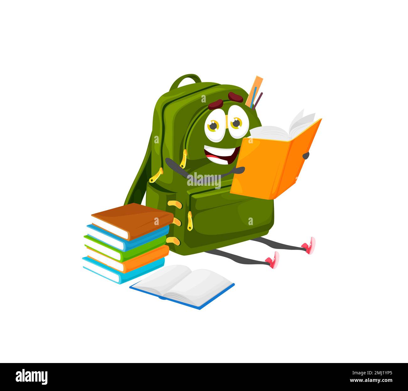 Cartoon schoolbag character reading the book. Back to school isolated ...