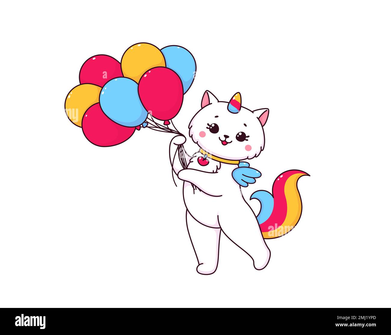Cartoon caticorn with air balloons. Fantasy cat with unicorn horn funny ...