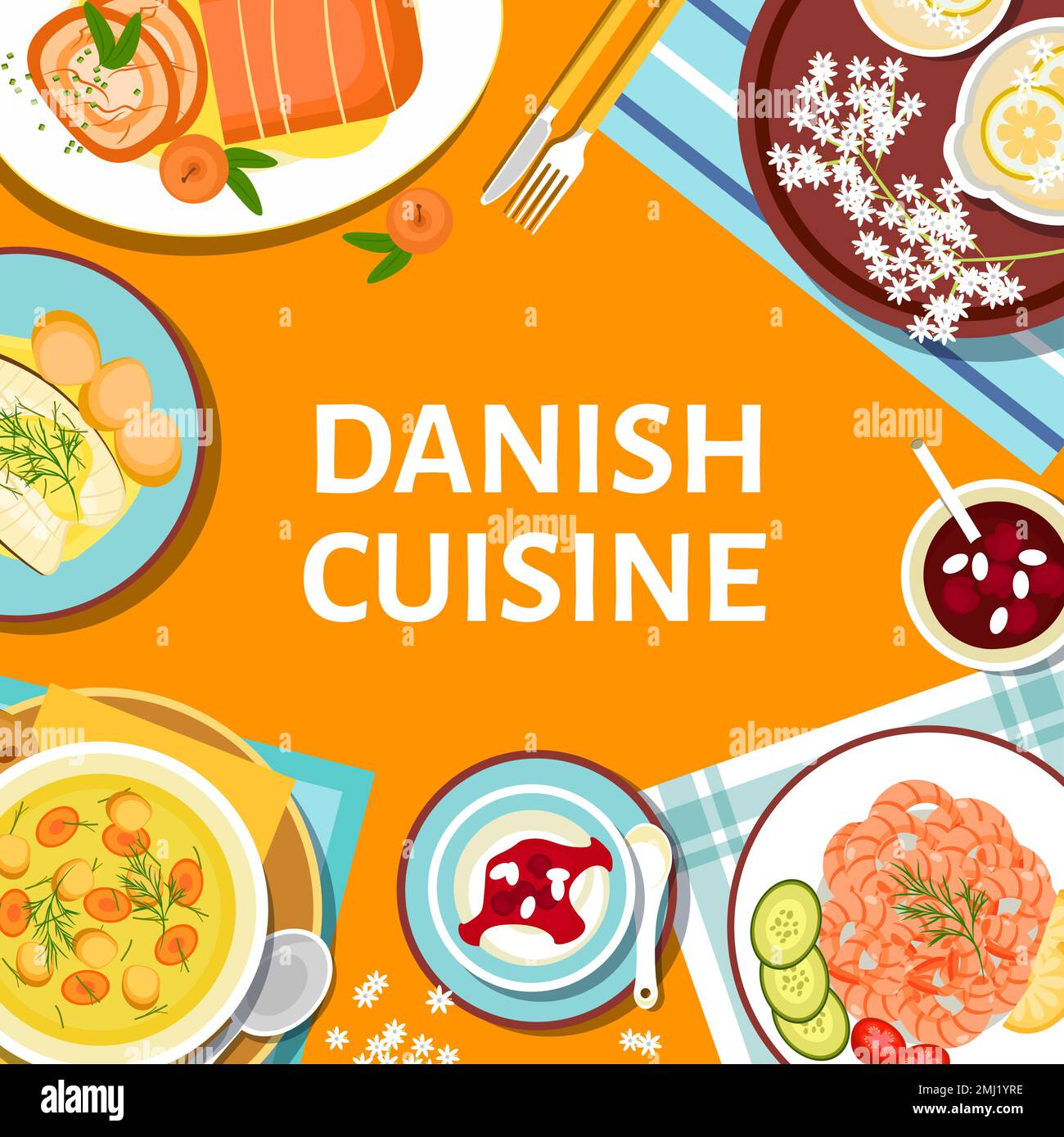 Danish Cuisine Menu Cover Page Design Roast Pork Fried Cod And Meatball Potato Soup Pudding