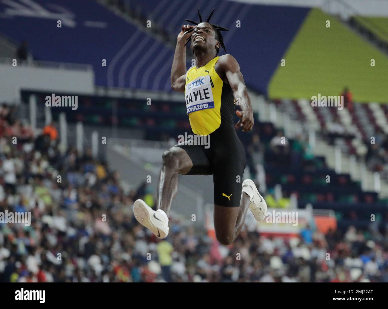 Tajay Gayle, of Jamaica, competes in the men's long jump final at the ...