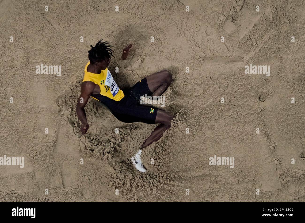 Tajay Gayle, of Jamaica, lands during the men's long jump final at the ...