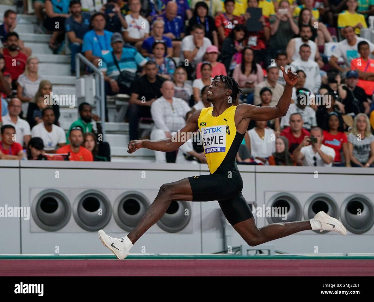 Tajay Gayle, of Jamaica, competes in the men's long jump final at the ...