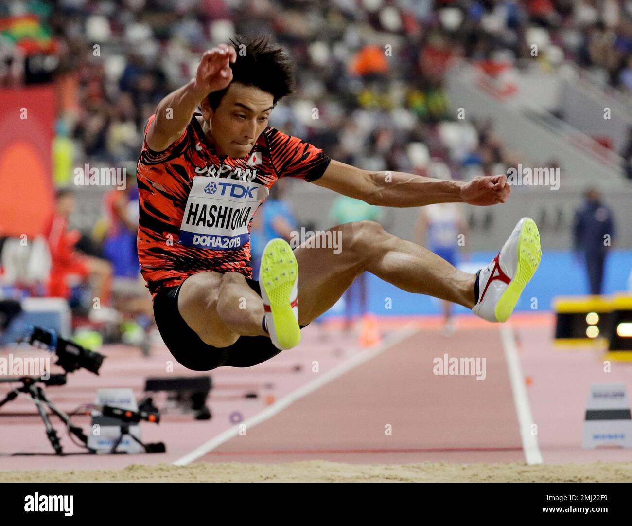 Yuki Hashioka, of Japan, competes in the men's long jump final at the ...