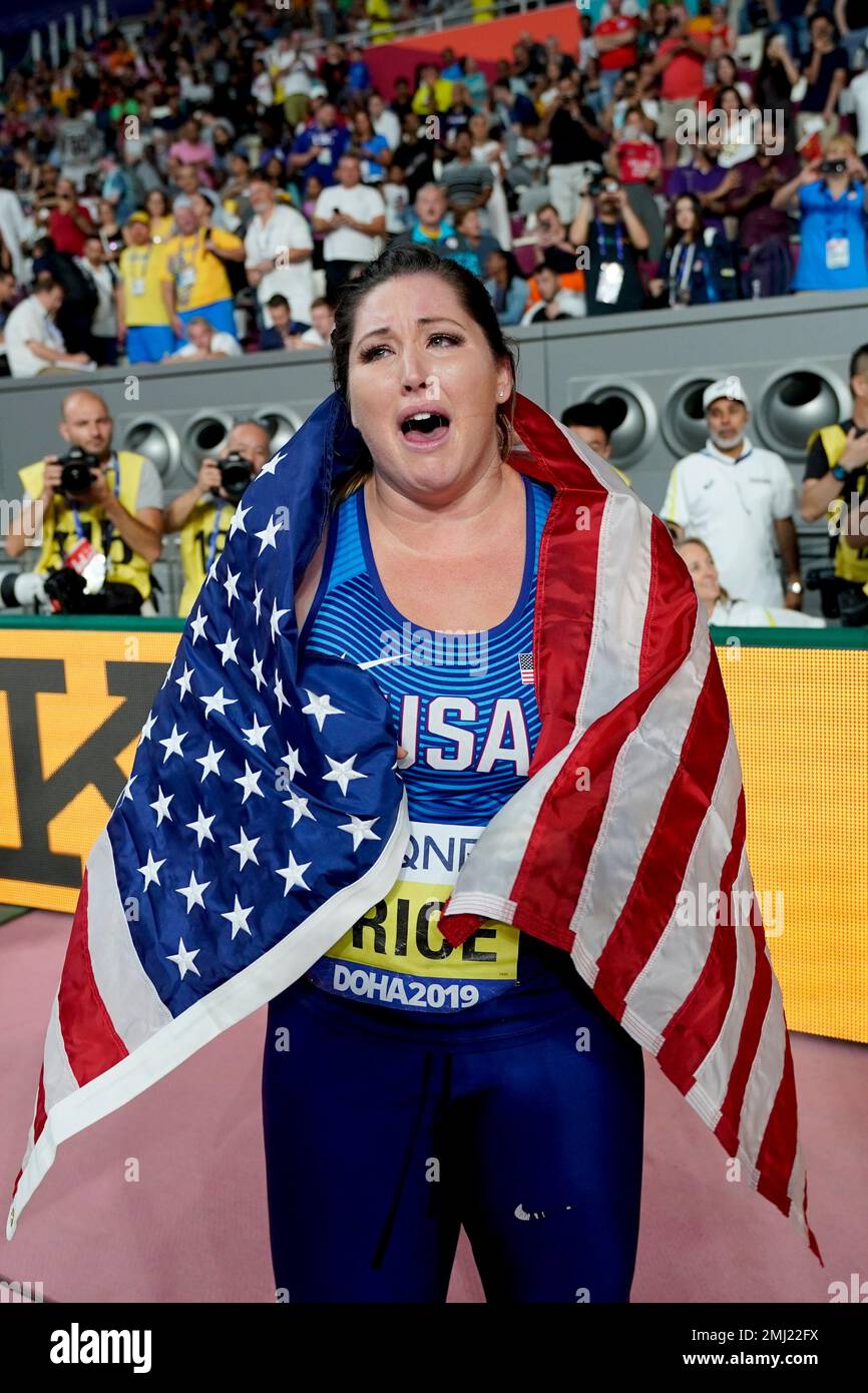 Deanna Price, of the United States, celebrates winning the gold medal ...
