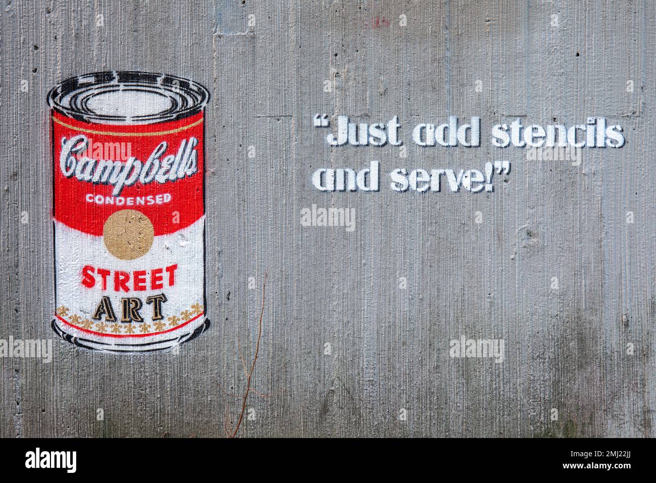 Street art for editorial use only. "Just add stencils and serve!" Mural ...