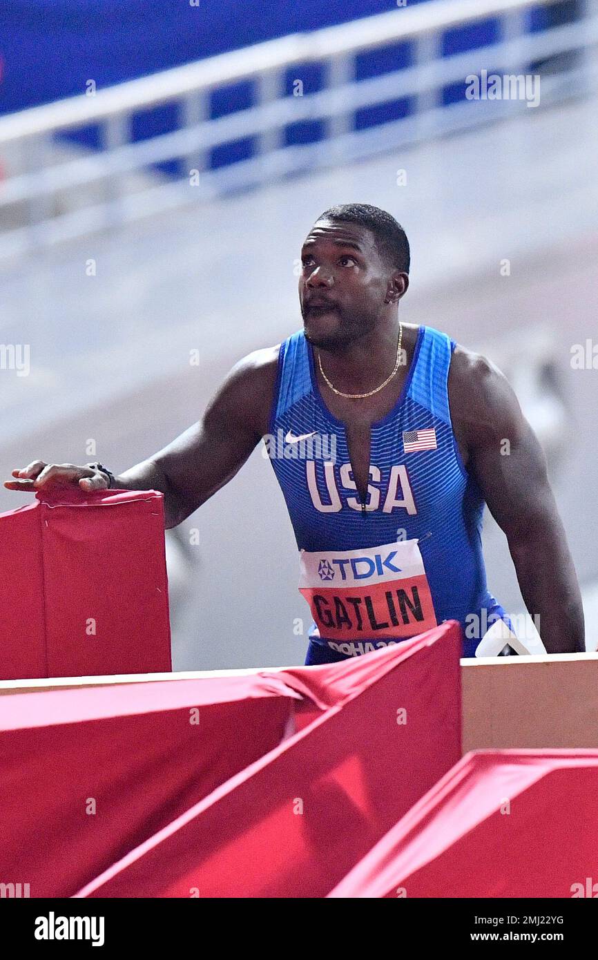 Justin Gatlin, of the United States, leaves the track after finishing a ...