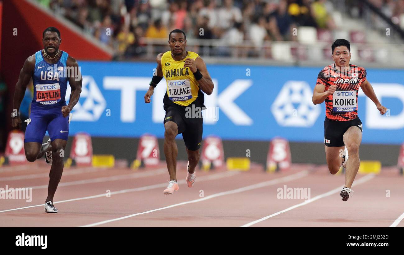 Justin Gatlin, of the United States, Yohan Blake, of Jamaica, and Yuki ...