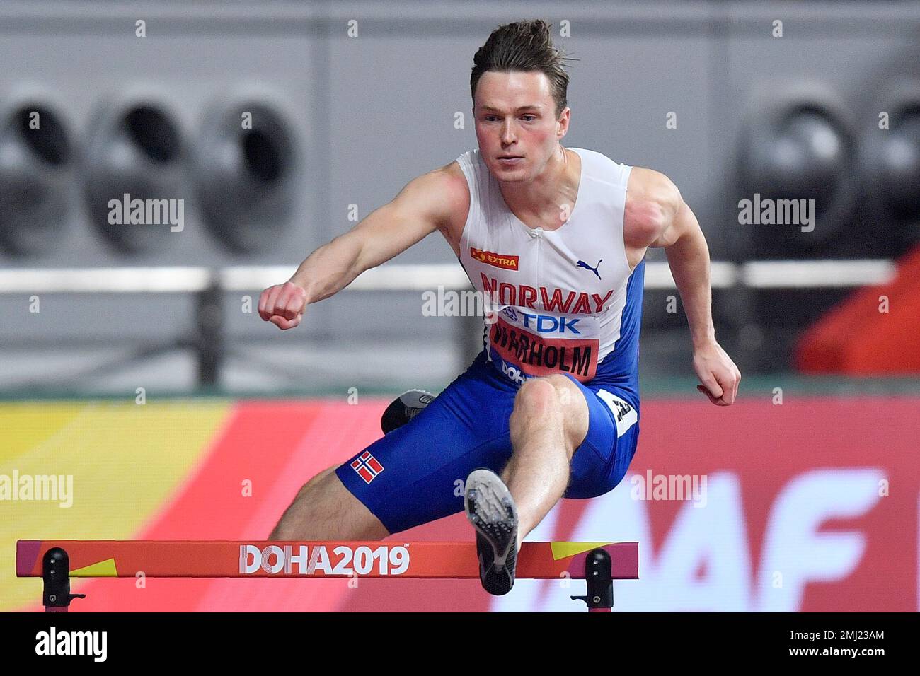 Karsten Warholm, of Norway, competes in a men's 400 meter hurdles race ...