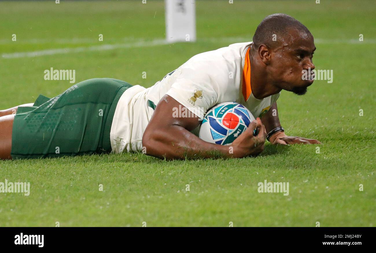 South Africa's Makazole Mapimpi reacts after scoring a try during the ...