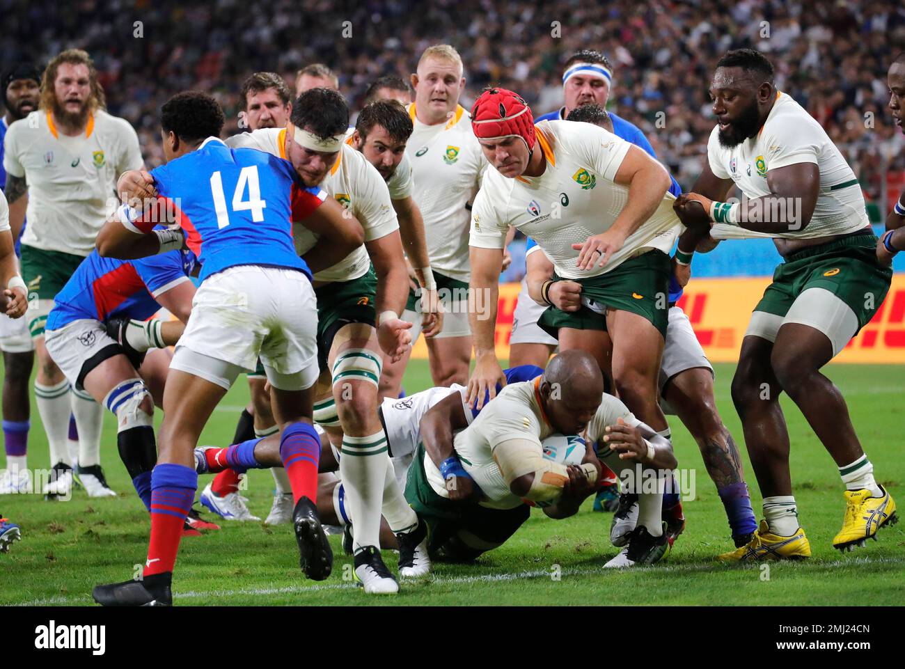 South Africa's Mbongi Mbonambi scores his team's first try during the ...