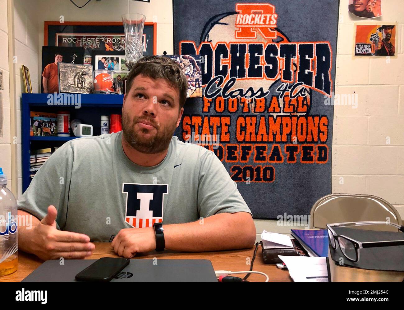 In this Sept. 19, 2019, photo, Rochester, Ill., High School football ...