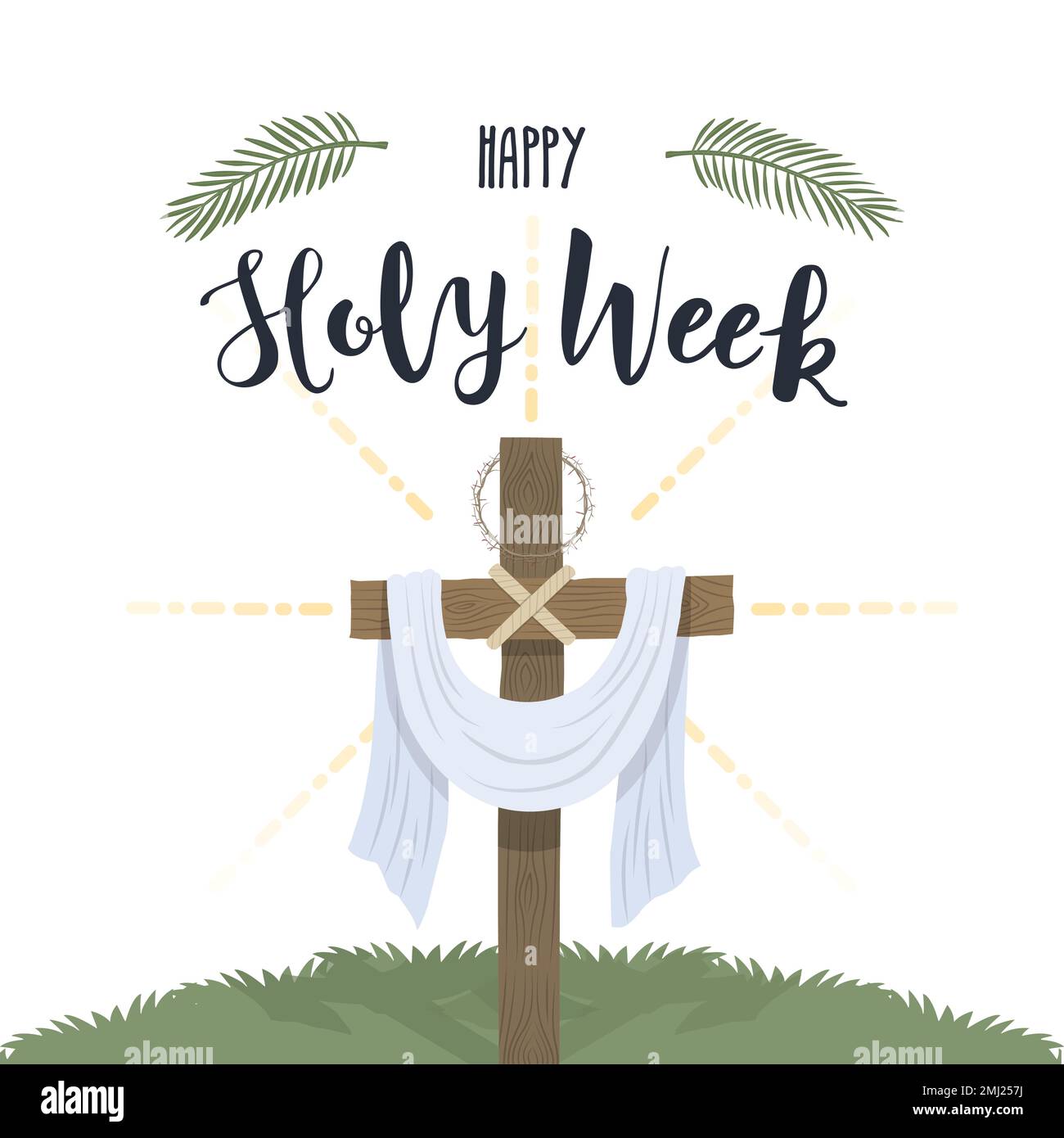 Holy Week. The glorious cross with white cloth and crown of thorns ...