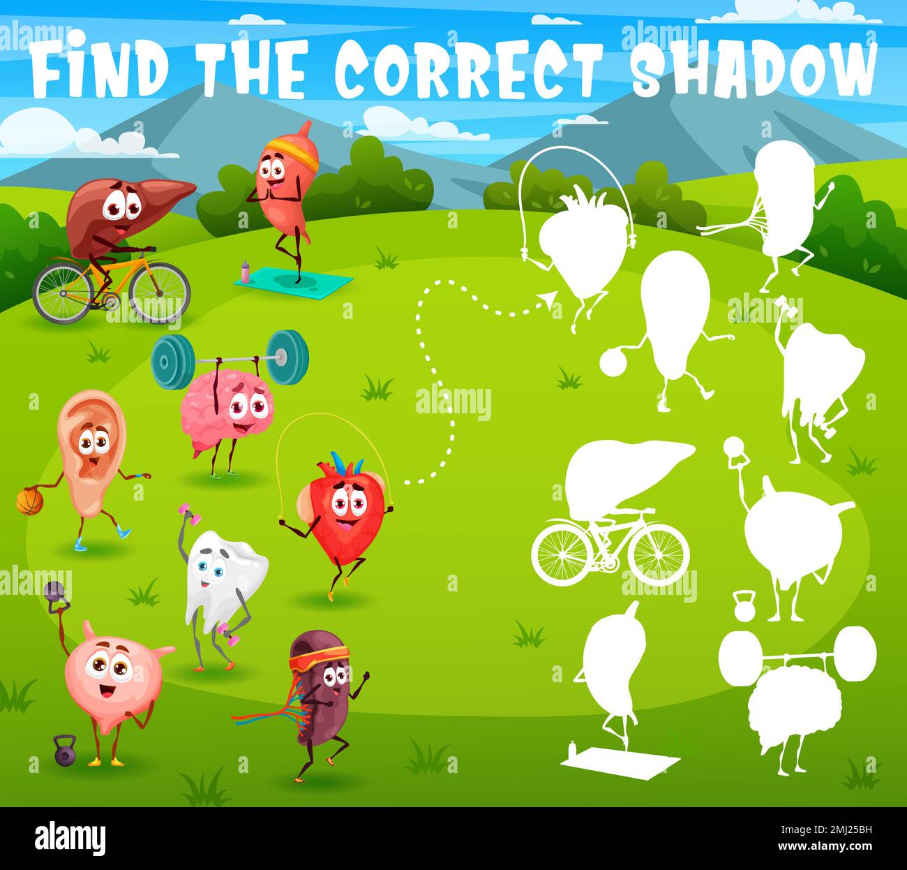 Find correct shadow, cartoon funny human organs sportsman characters on ...
