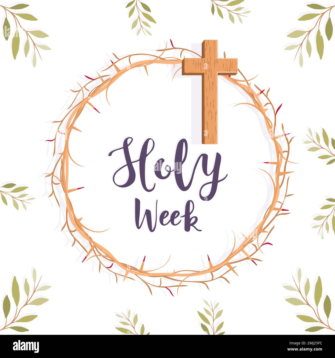 Holy Week. Crown of thorns, the cross and palm branches on a white ...