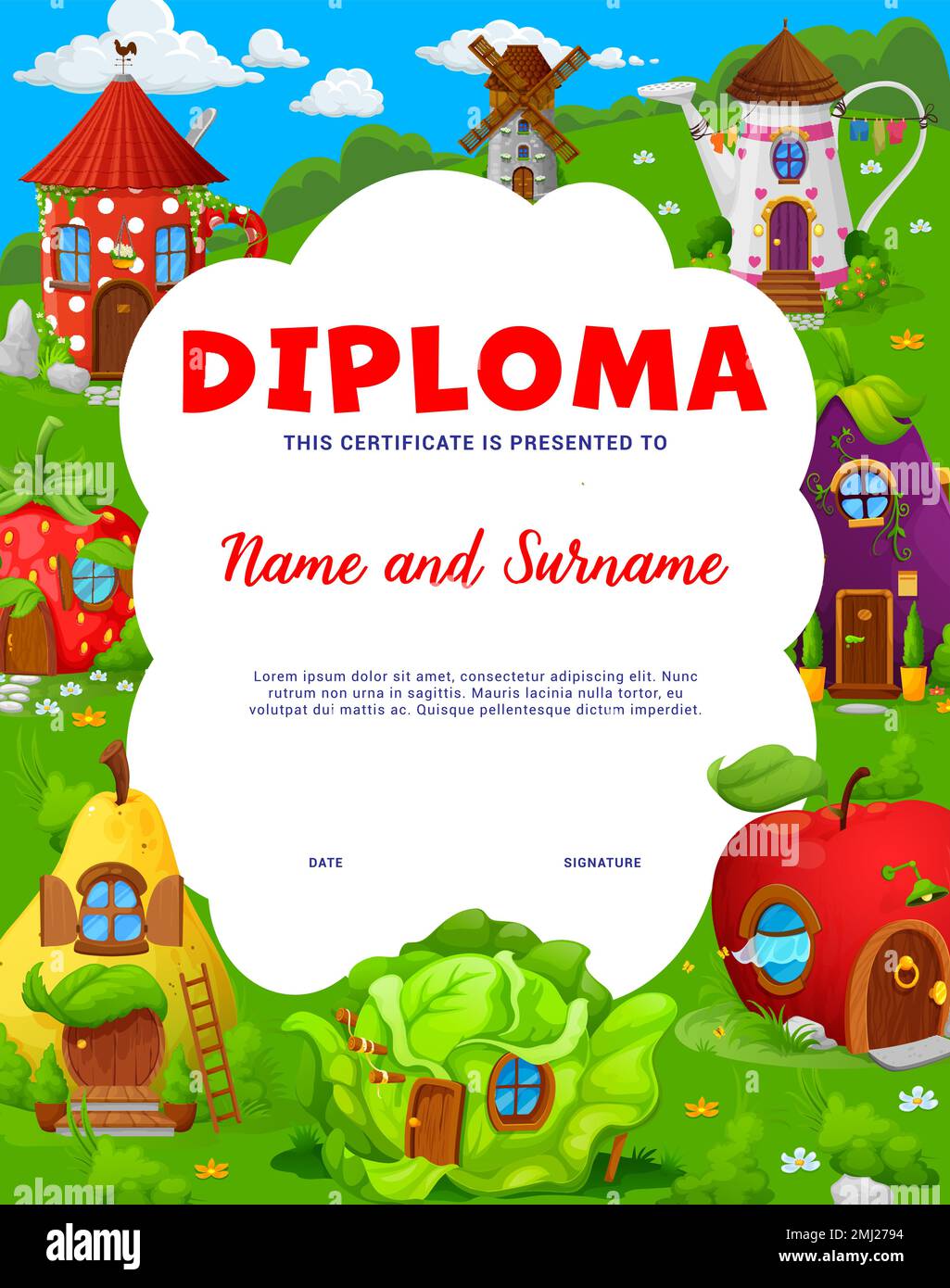 Kids diploma. Cartoon fairytale houses and dwellings. Child ...