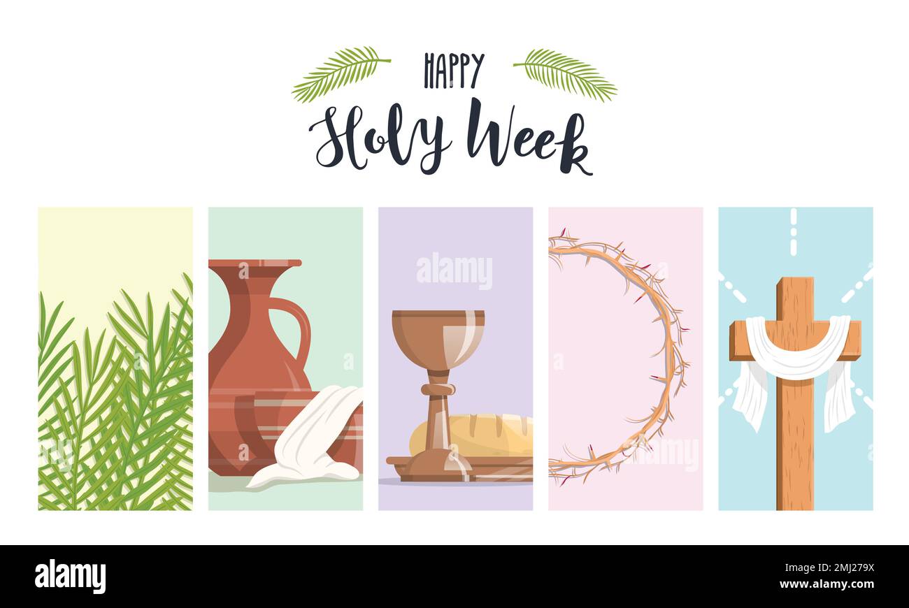 Holy Week banner with palm branches, the washing of the feet, the last supper, crown of thorns ...