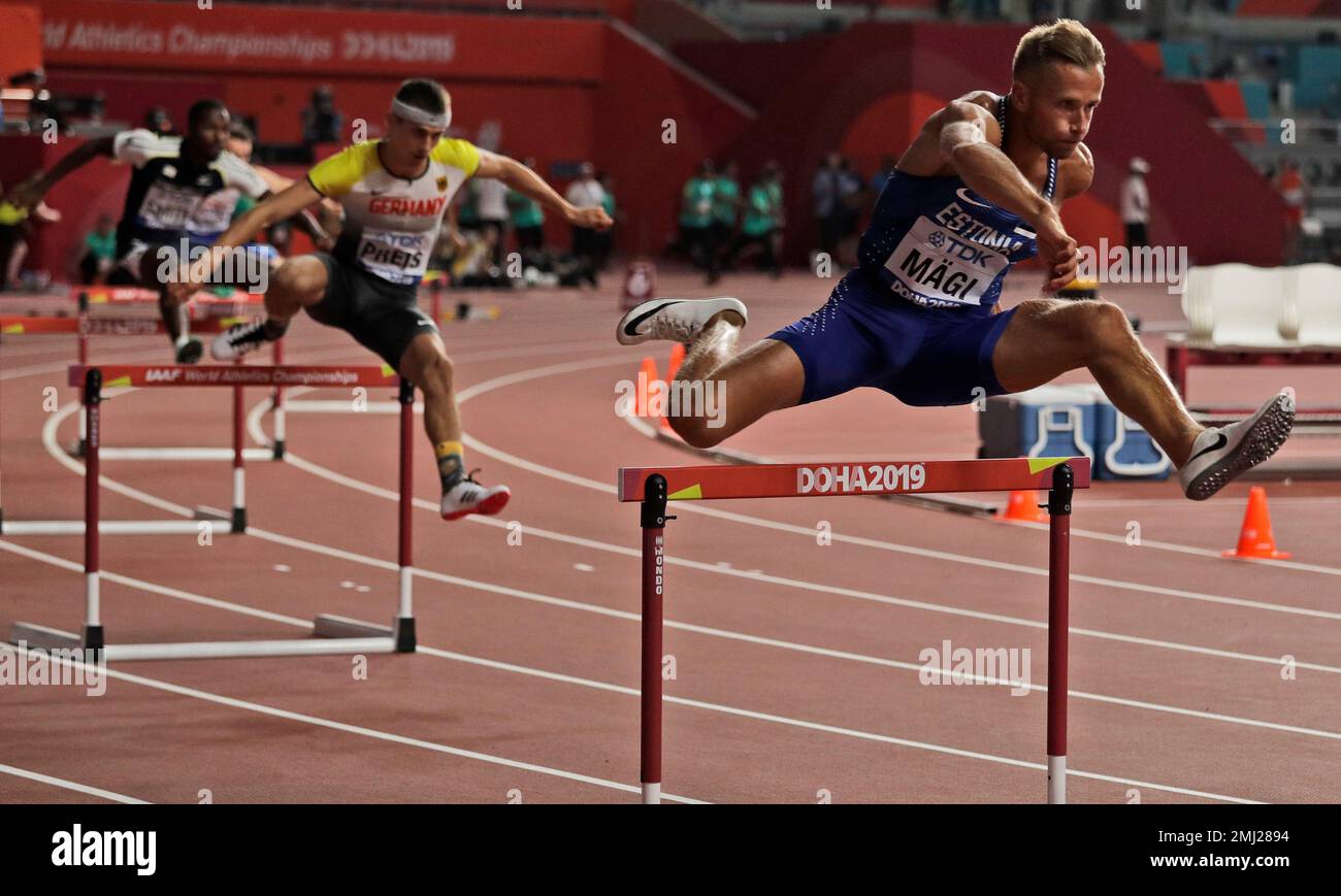 Estonia's Rasmus Magi competes in the men's 400m hurdles at the World ...