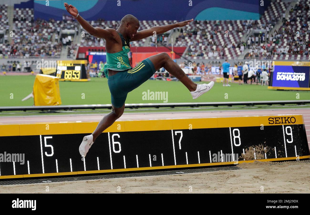 South Africa's Luvo Manyonga competes in the men's long jump qualifying ...