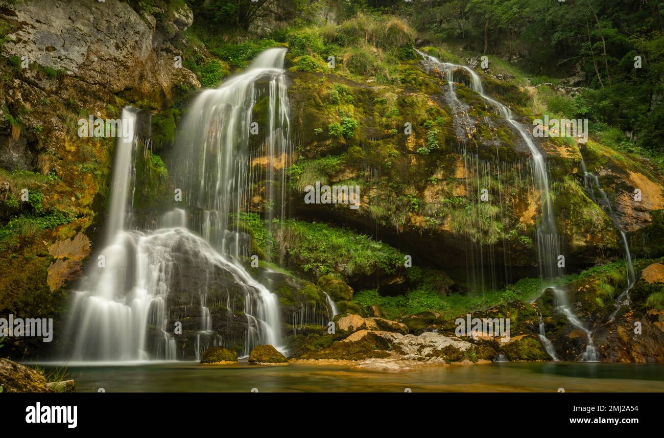 Beautiful color summer fresh water waterfall Virje in Slovenia Alps ...