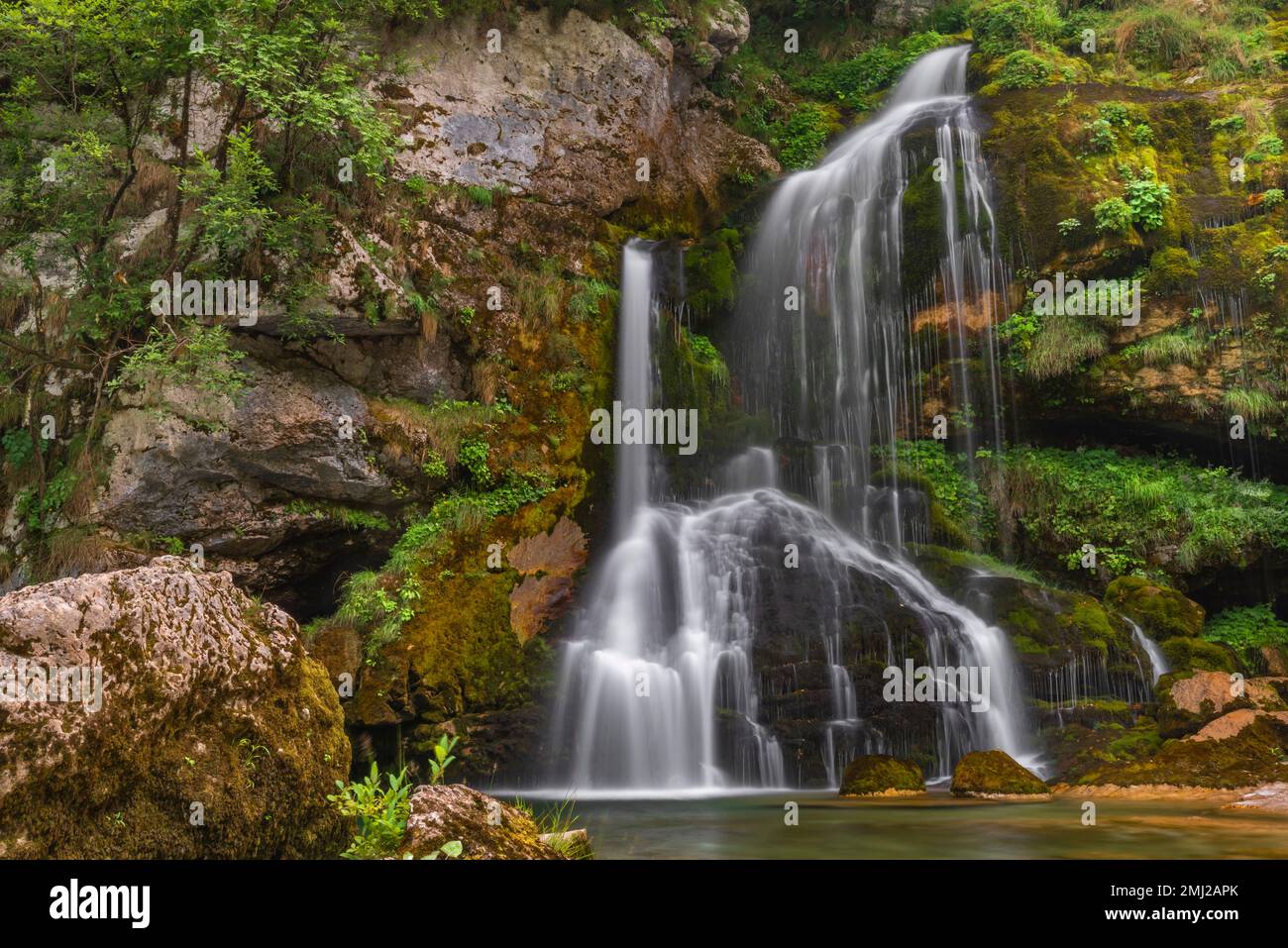 Beautiful color summer fresh water waterfall Virje in Slovenia Alps ...