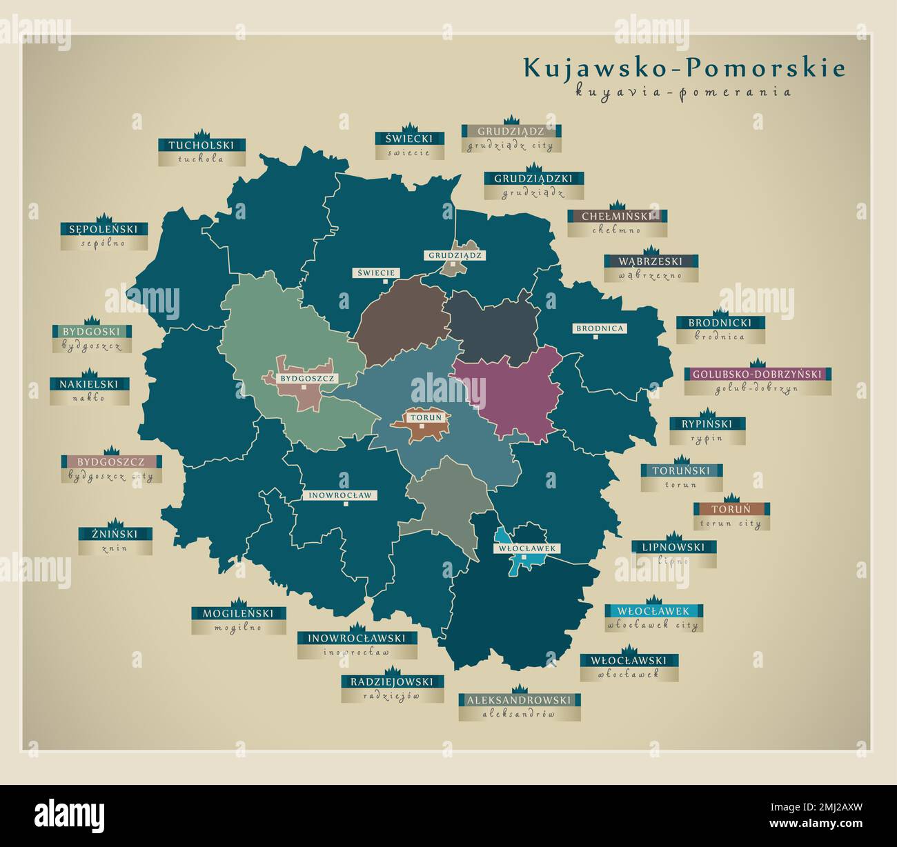 Modern Map - Kujawsko-Pomorskie (kuyavia-pomerania) with counties and ...