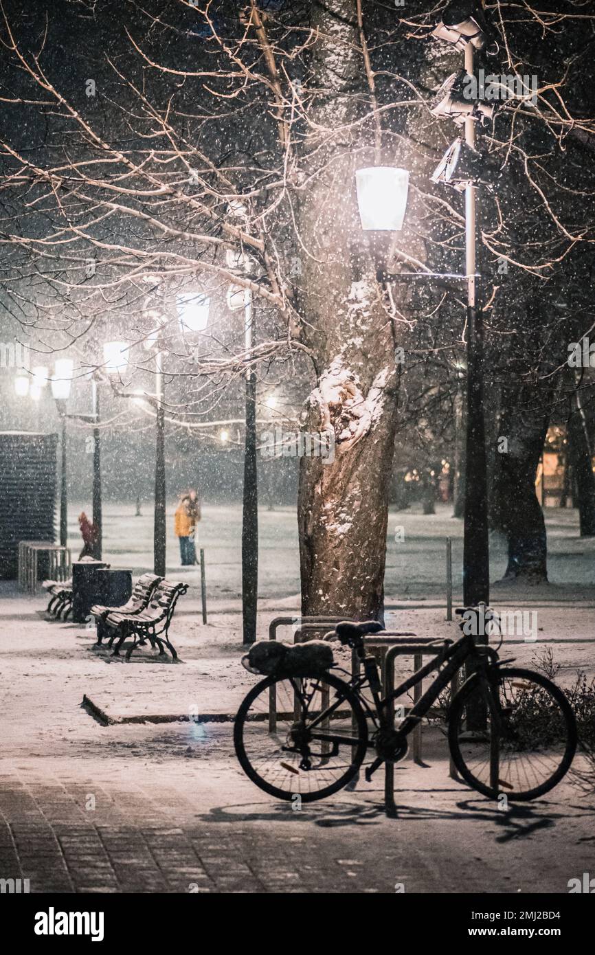 Beautiful winter scene in a park of Vilnius Old Town with people ...