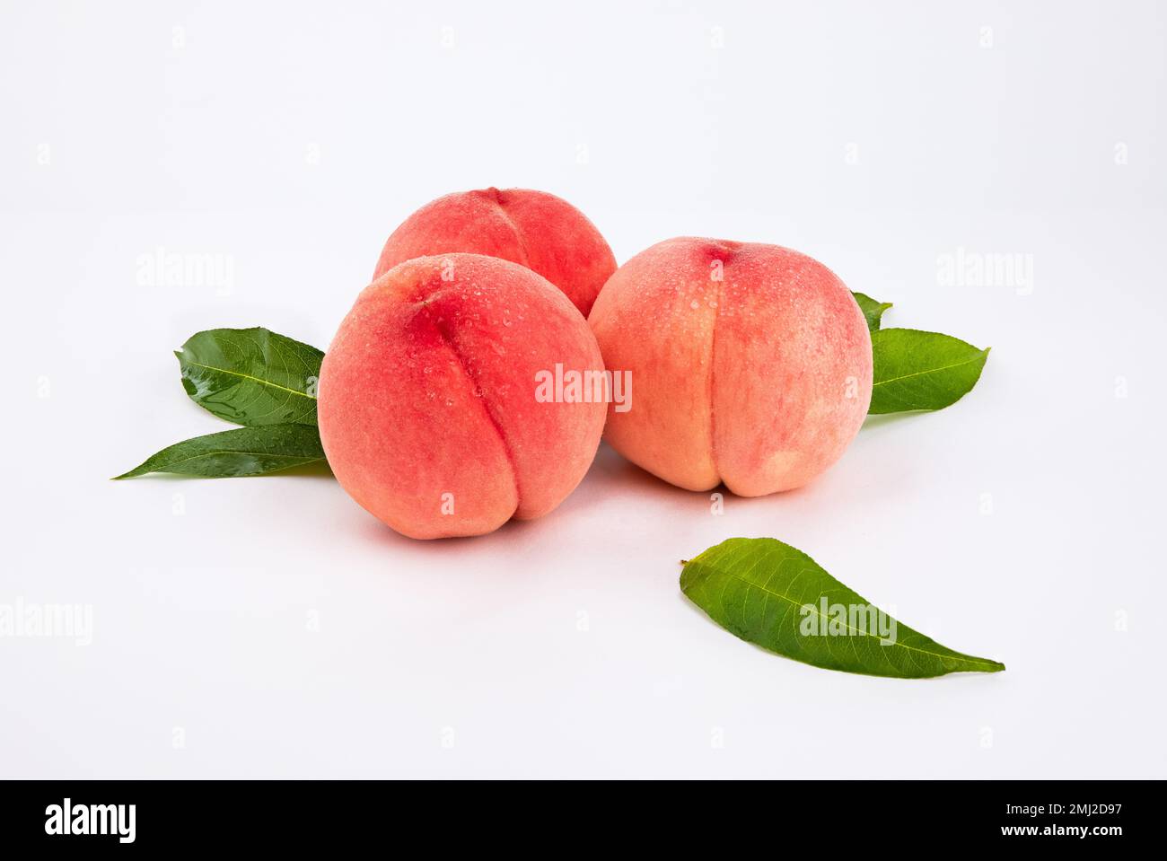 Red fresh peaches with water droplets. Close-up of three fruits from ...