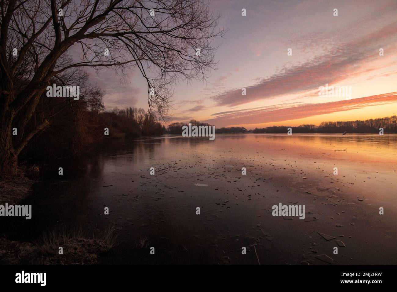 Sunrise reflections on a frozen lake at Colwick Park, Nottingham ...