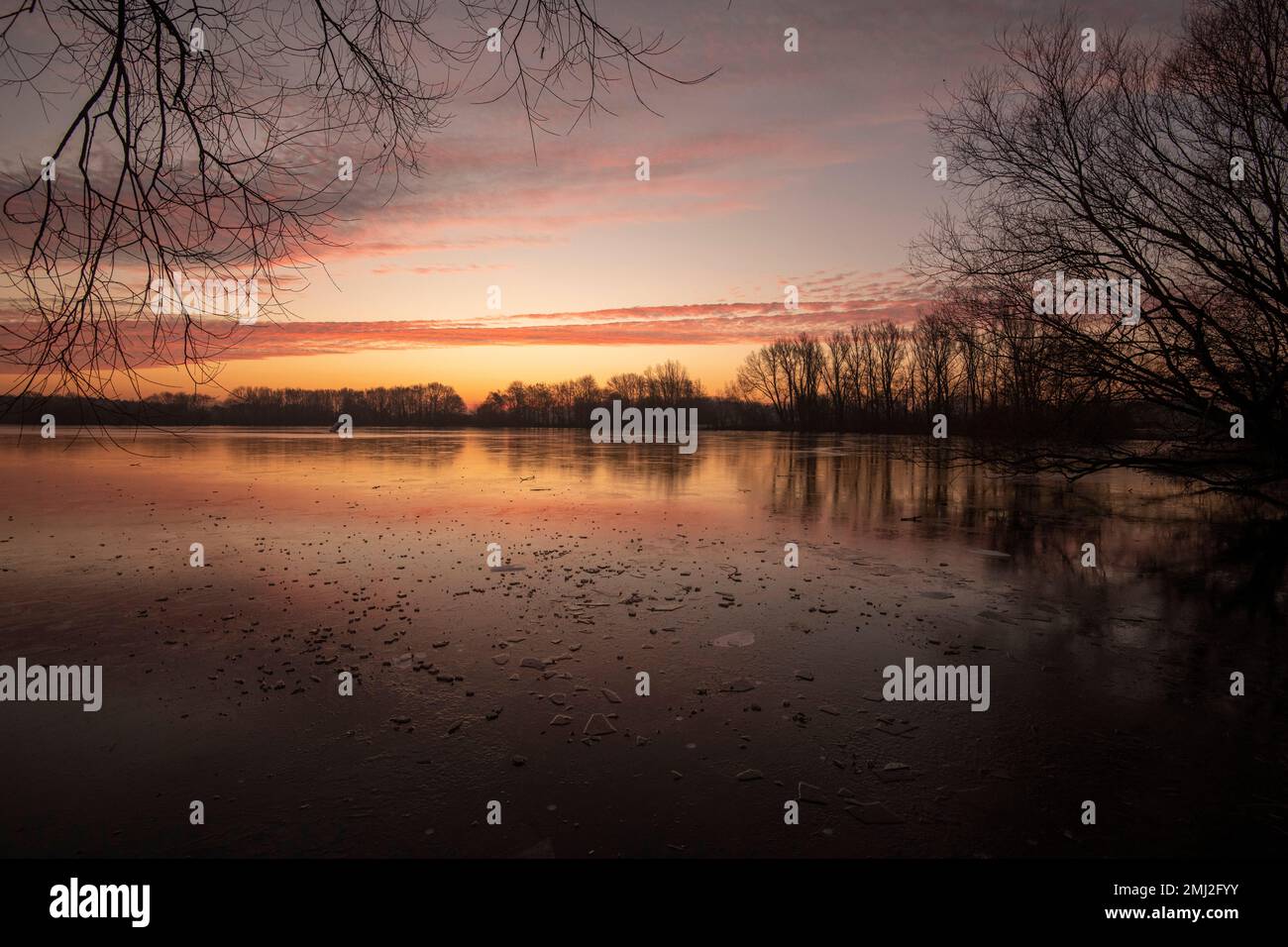 Sunrise reflections on a frozen lake at Colwick Park, Nottingham ...
