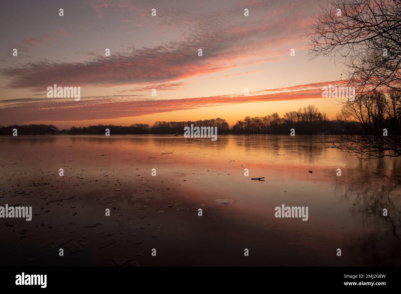 Sunrise reflections on a frozen lake at Colwick Park, Nottingham ...