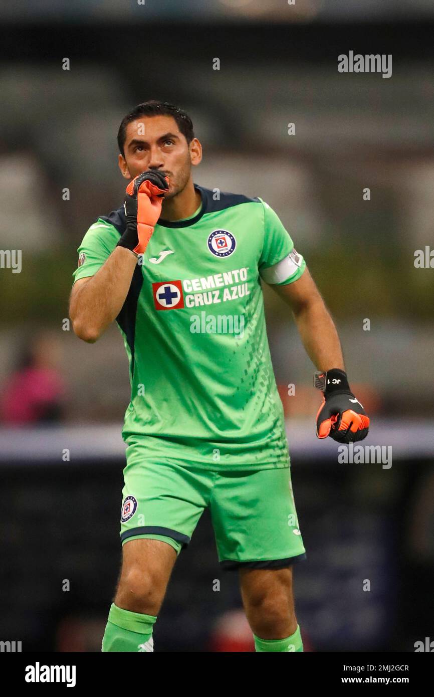 Cruz Azul's goalkeeper Jesus Corona celebrates after his teammate Pablo ...