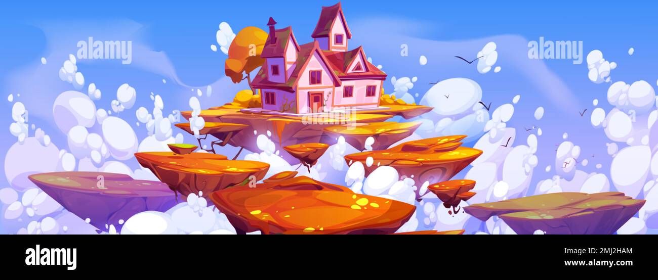 Fantasy house floating on island in blue sky with fluffy white clouds ...