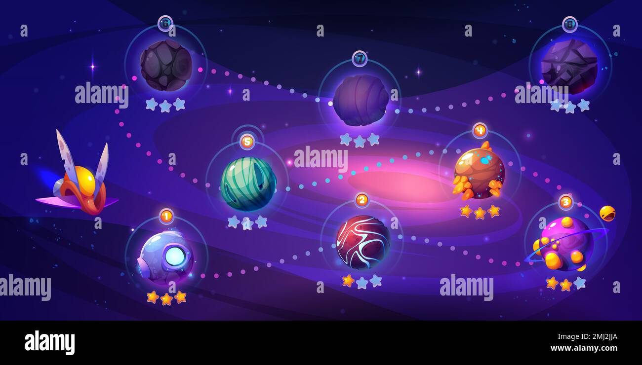 Space game level map with alien planets. Vector cartoon illustration of ...