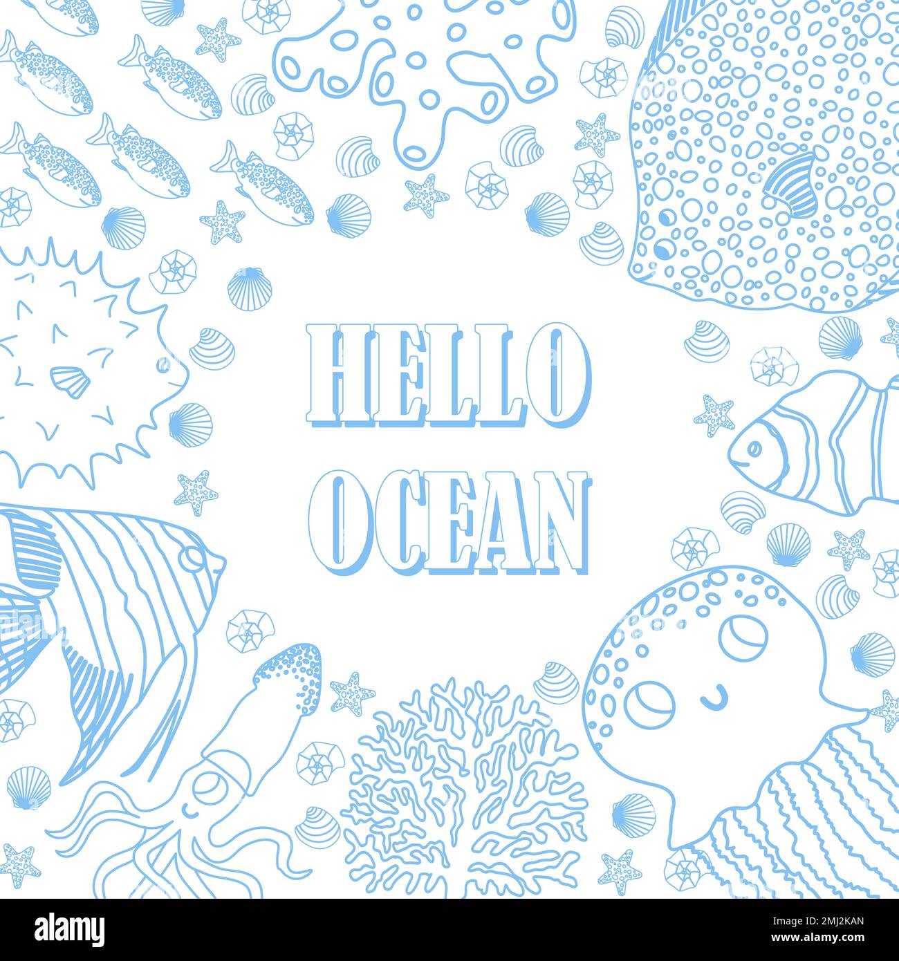 Vector ocean illustration with fish,jellyfish,squid,corals,algae,shell ...