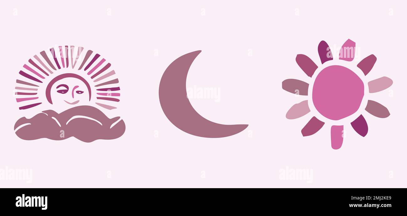 Cute whimsical sun and moon set of vector motifs. Illustration of night ...