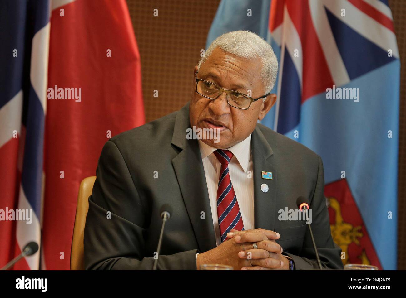 The Prime Minister of Fiji Frank Bainimarama speaks during a press ...
