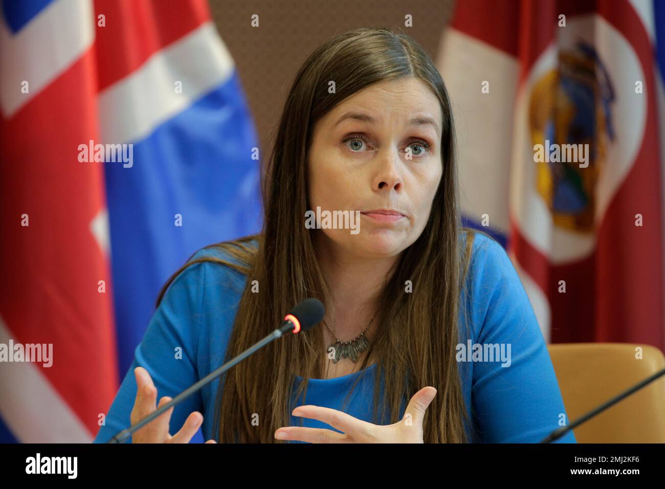 The Prime Minister of Iceland Katrin Jakobsdottir speaks during a press ...