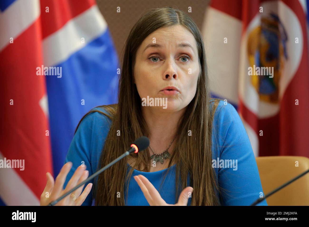 The Prime Minister of Iceland Katrin Jakobsdottir speaks during a press ...