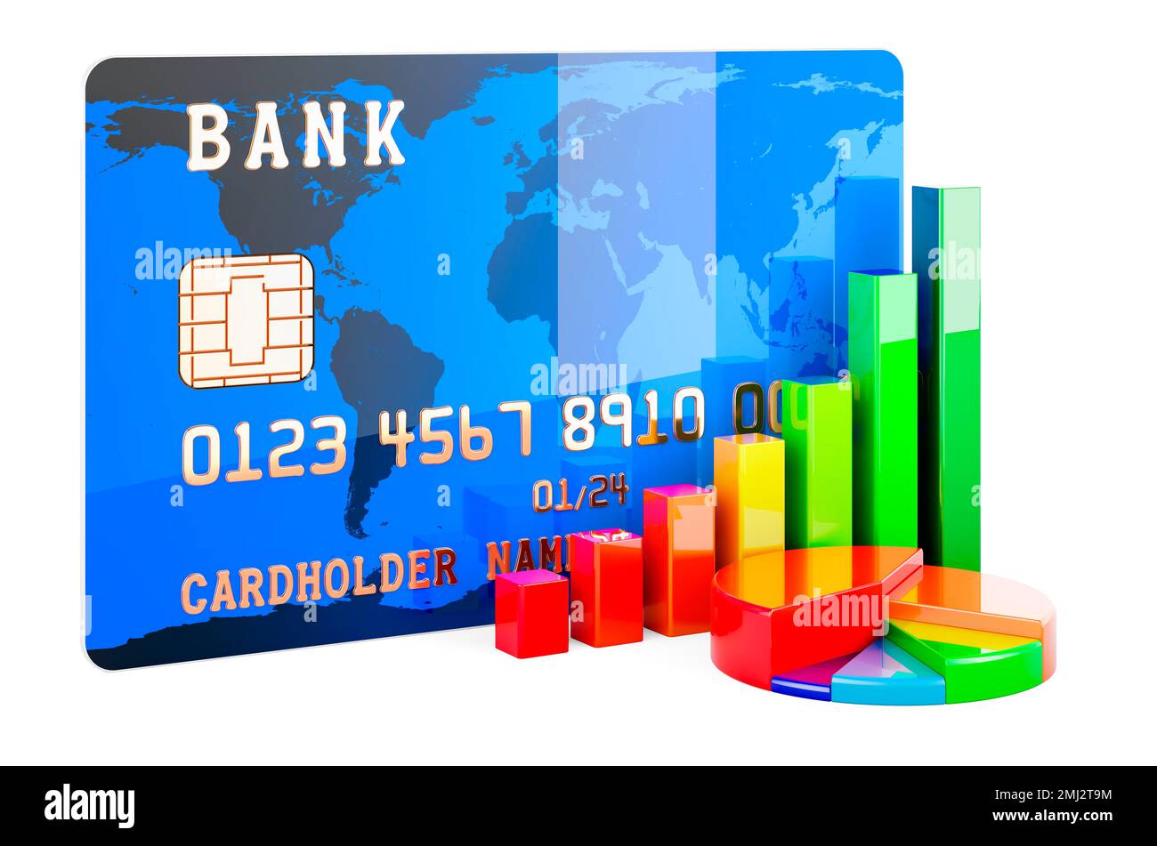 Credit Card with growth bar graph and pie chart. 3D rendering isolated ...
